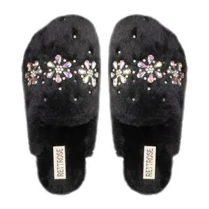 RETTROSE Kamila Luxury Plush Diamanté Embellished Handmade Slipper - Black