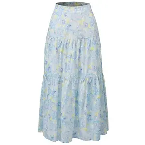 SMART AND JOY Flower Print Tiered Panel Midi Skirt - Blue