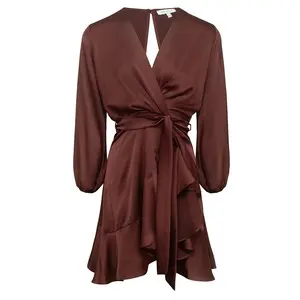 URBAN TOUCH Long Sleeve Wrap Front Dress Chocolate