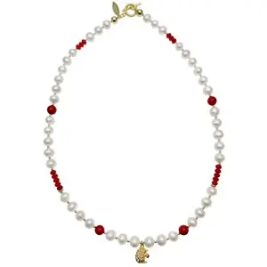 FARRA White Freshwater Pearls And Coral With Hedgehog Pendant Necklace - Red
