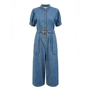 YUMI Cotton Chambray Button Up Jumpsuit - Blue