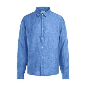 Haris Cotton Linen Melange Basic Long-sleeved Shirt Cobalt Melange - Blue