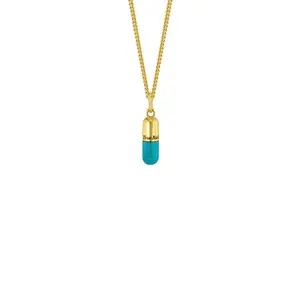 TRUE ROCKS Turquoise & Gold Plated Mini Pill Pendant Hung On Gold Chain - Blue