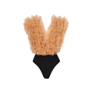 LIA ARAM Neutrals Signature Ruffled Tulle Bodysuit - Beige