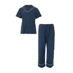 PRETTY YOU Luxury Suite Waffle Short & Shirt Trouser Set In Marine - Blue
