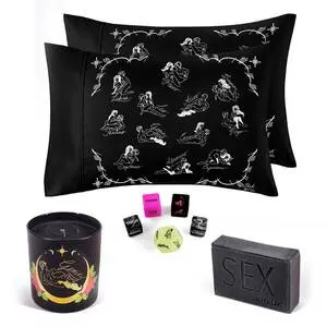 BLACK CAKE Gemini Pleasure Pack- Zodiac Horoscope Love Pillowcase, Soap, Dice, Candle Set - Black