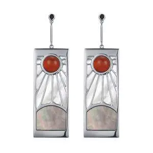 AZURA JEWELRY NEW YORK 14k White Gold Vermeil Hanafuda Drop Earrings With Carnelian And Spinel - Silver