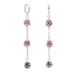 MHART Ruby Triple Drop Chain Earrings In Sterling - Silver