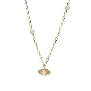 FARRA Rose Quartz Turkish Devil Eye Pendant Chain Necklace - Pink