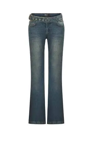 NOCTURNE Belted Denim Flare Trousers - Blue
