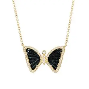 KAMARIA Mini Onyx Butterfly Necklace With Diamonds - Black