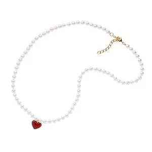 EMMA HOLLAND JEWELLERY White / Red Red Enamel Heart & Pearl Necklace - White/red