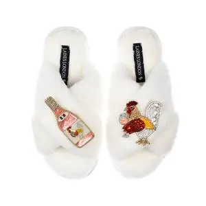 LAINES LONDON Neutrals / Classic Laines Slippers With Chicken Wine Brooches Cream - White