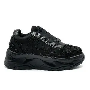 RETTROSE Sarah Luxury Noir Satin Embellished Trainers - Black