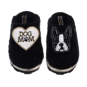 LAINES LONDON Teddy Closed Toe Slippers With Buddy The Boston Terrier & Dog Mum / Mom Brooches - Black