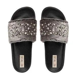 RETTROSE Sienna Luxury Plush Diamanté Embellished Handmade Sliders - Black