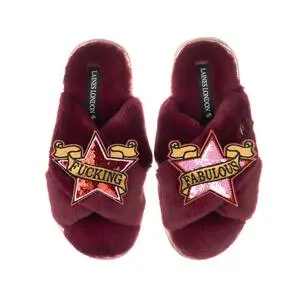 LAINES LONDON Faux Fur Slippers With Sequined Brooches - Red