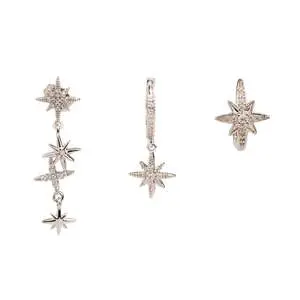 EBRU JEWELRY Celestial Trinity & Diamond Earring Set - Silver