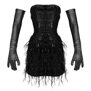 ETTIE Feather Hem Sequin Strapless Mini Dress And Gloves - Black