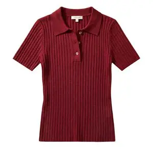 HARMAIN LEATHERS LTD The Ribbed Knit Polo Shirt In Burgundy - Red
