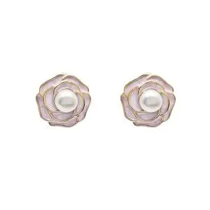 FARRA Enamel Flower Stud Earrings With Freshwater Pearl - Pink