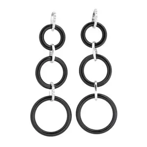 GENEVIVE Black / Silver Cubic Zirconia Sterling Silver White Gold Plated Triple Black Circle Earrings - Black/silver