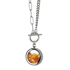 MY LITTLE NATURE Silver / Orange Handmade Genuine Amber Stones Pendant Necklace – Stainless Steel Toggle Chain - Silver/orange
