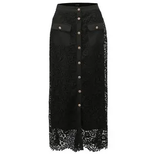 SMART AND JOY Lace Midi Skirt With Button Detail - Black