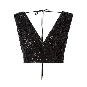 LITA COUTURE Sequin V-neck Top - Black
