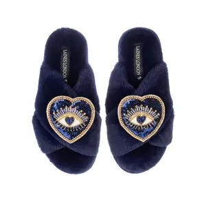 LAINES LONDON Classic Laines Slippers With Double Heart Eye Brooches Navy - Blue