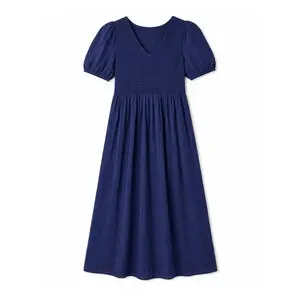 YUMI Navy Double Cotton Ruched Midi Dress - Blue