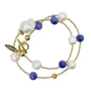 FARRA Blue / White Versatile Blue Jade And Baroque Pearls Double Layer Bracelet - Blue/white
