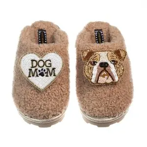 LAINES LONDON Teddy Towelling Slippers With Dog Brooches - Brown