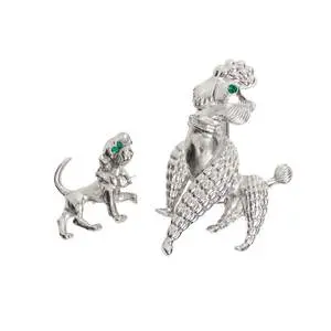 CARAMEL VINTAGE JEWELLERY Plated Poodle & Puppy Brooch Pair - Silver
