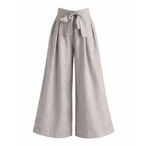 NIKKA PLACE Linen Gaucho Summer Trousers With Front Tie In Melange Colour - Grey
