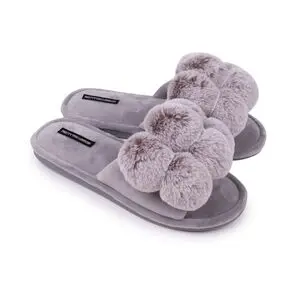 PRETTY YOU London Dolly Fun Pom Slider Slippers - Grey