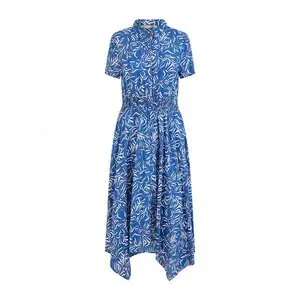 YUMI Leaf Print Dip Hem Midi Shirt Dress