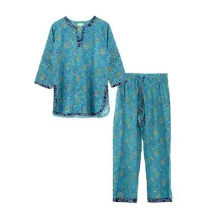 INARA Indian Cotton Waterlily Print Pyjamas - Blue