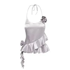AMY LYNN Grey / Silver Susie Silver Satin Ruffle Flower Detail Top - Grey/silver