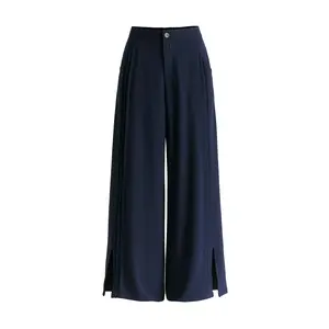 PAISIE Wide Leg Trousers With Side Pleats And Split Hem In Navy - Blue