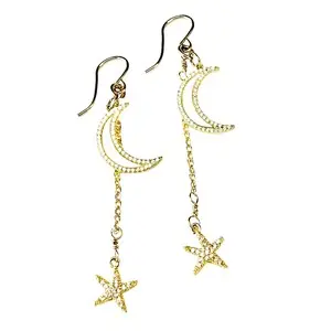 LEXI JEWELRY Gold Dreamy Moon ‘n Star Sparkly Earrings - White