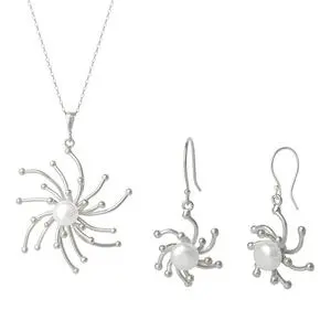 SPERO LONDON Pearl Sun Molten Dripping Sunburst Sterling Pendant Necklace & Drop Earring Set - Silver
