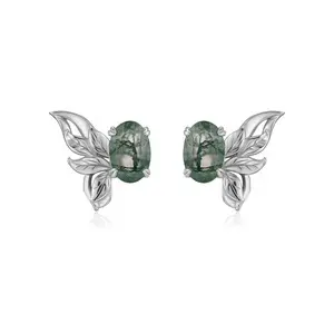 AZURA JEWELRY NEW YORK Sylphae Fairie Moss Agate Earrings White Gold Vermeil - Silver