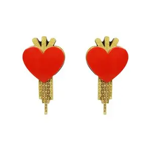GISSA BICALHO Handmade Acrylic Short Earrings Heart & Fringe - Red