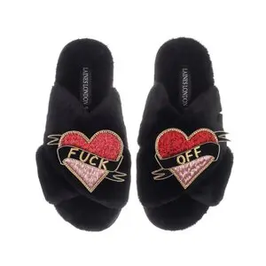 LAINES LONDON Classic Slippers With "fuck Off" Brooch Embellishment - Black