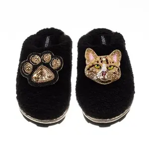 LAINES LONDON Teddy Closed Toe Slippers With Cat And Paw Brooches - Black