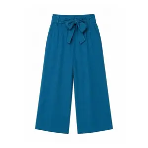 YUMI Teal Linen Mix Cropped Trousers With Tie Belt