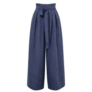METAMORPHOZA Linen Denim Wide-leg Trousers - Blue