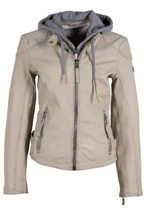 Mauritius Neutrals Leather Moto Jacket Removable Hood Finja Light Beige - Beige/black