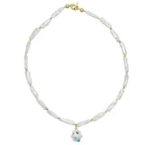 FARRA Freshwater Pearl With Painted Evil Eye Pendant Necklace - White